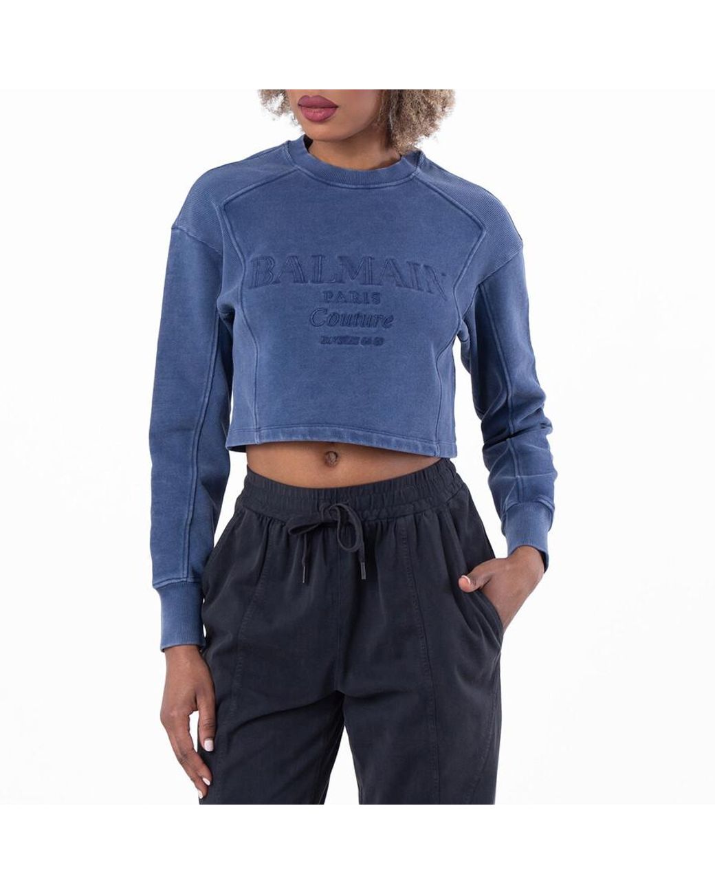 Balmain Couture Logo Embroidered Cotton Sweatshirt in Blue | Lyst UK