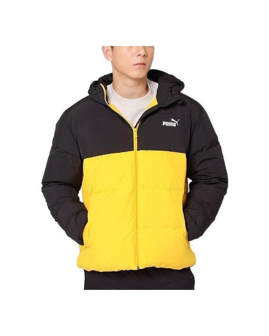 PUMA Logo Puffer Down Jacket in Yellow for Men | Lyst