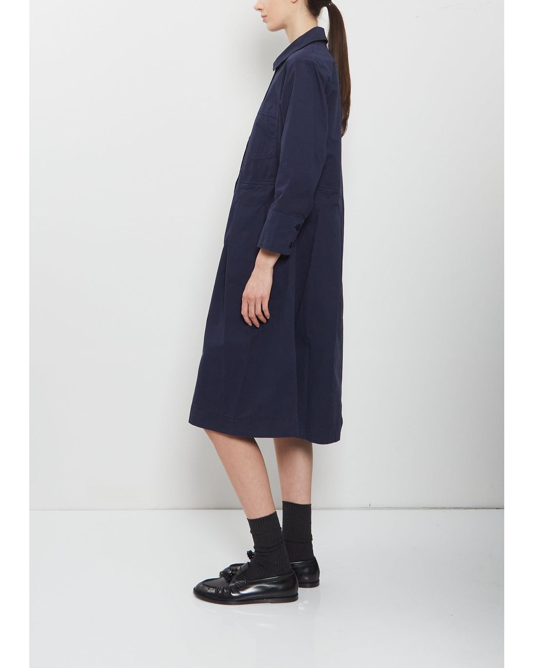 MHL by Margaret Howell Pleated Cotton Shirt Dress in Blue | Lyst
