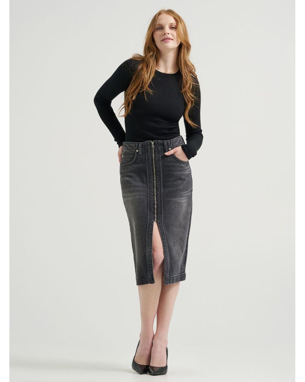 Lee Jeans Womens High Rise Zip Front Denim Midi Skirt in Black | Lyst