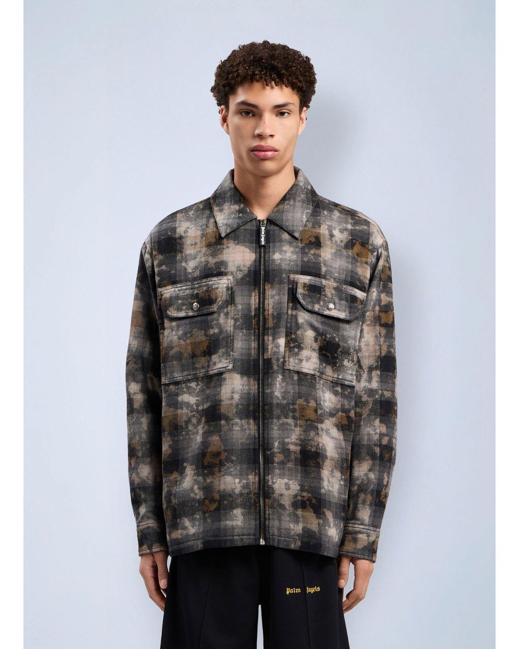 Palm Angels Curved Logo Check Overshirt in Grey for Men | Lyst UK