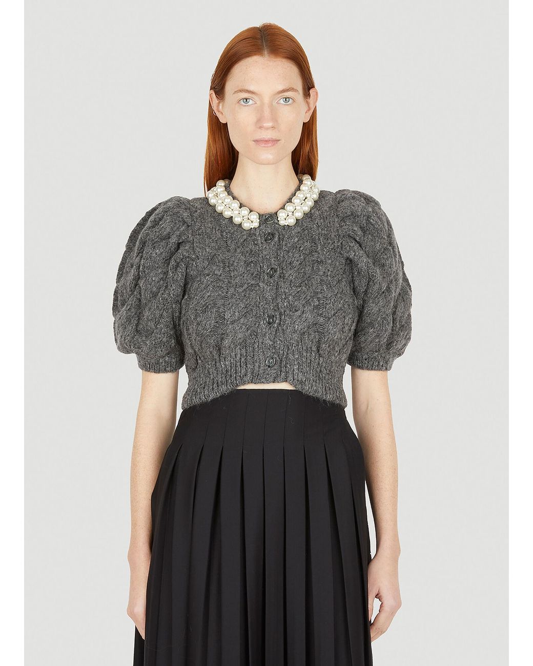 Simone Rocha Pearl Trim Cropped Cardigan in Gray | Lyst