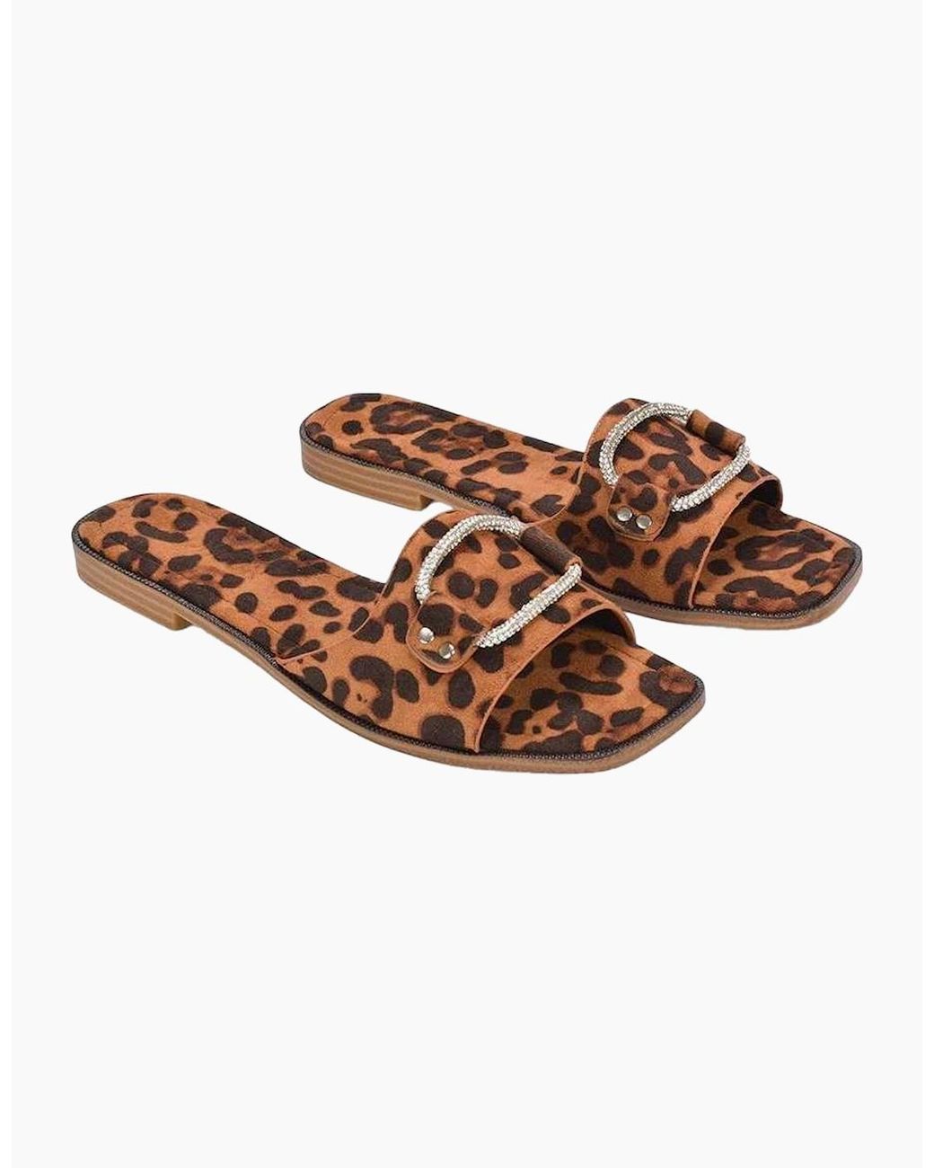 XY London Ladies Annie Leopard Print Diamante Flat Sliders in Brown ...