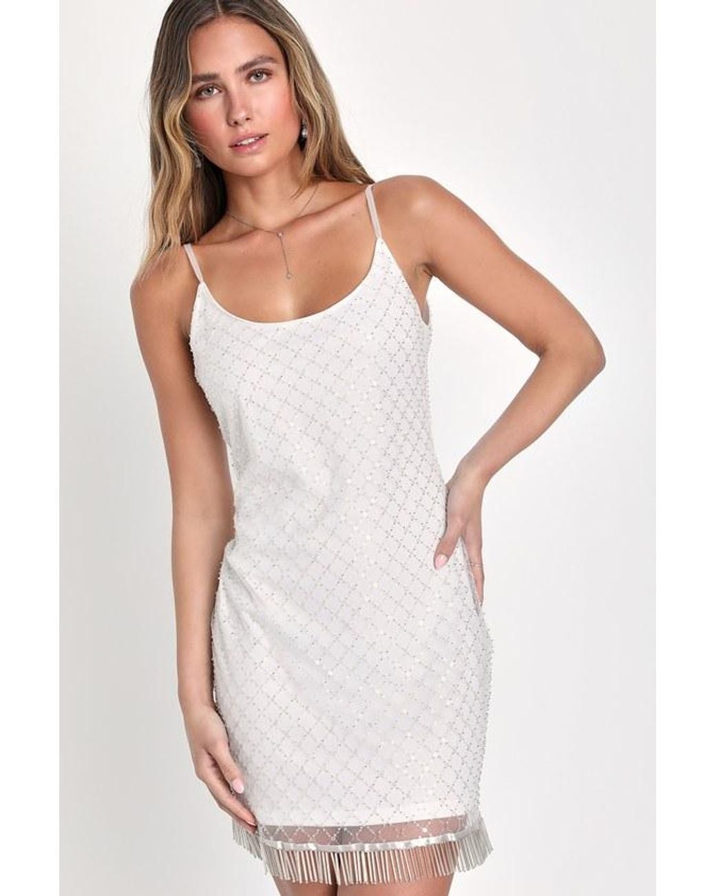 Lulus Destined To Dazzle Sequin Beaded Fringe Shift Mini Dress in White ...