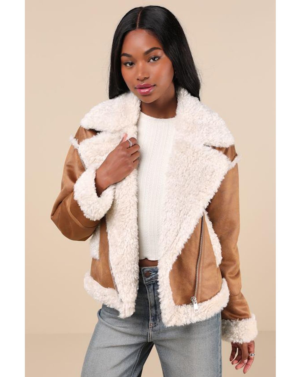 NVLT Cozy Allover Vegan Leather Shearling Trim Moto Jacket in Natural ...