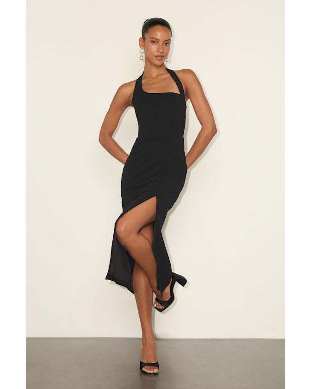 Lulus Intriguing Luxury Asymmetrical Halter Midi Dress in Natural | Lyst