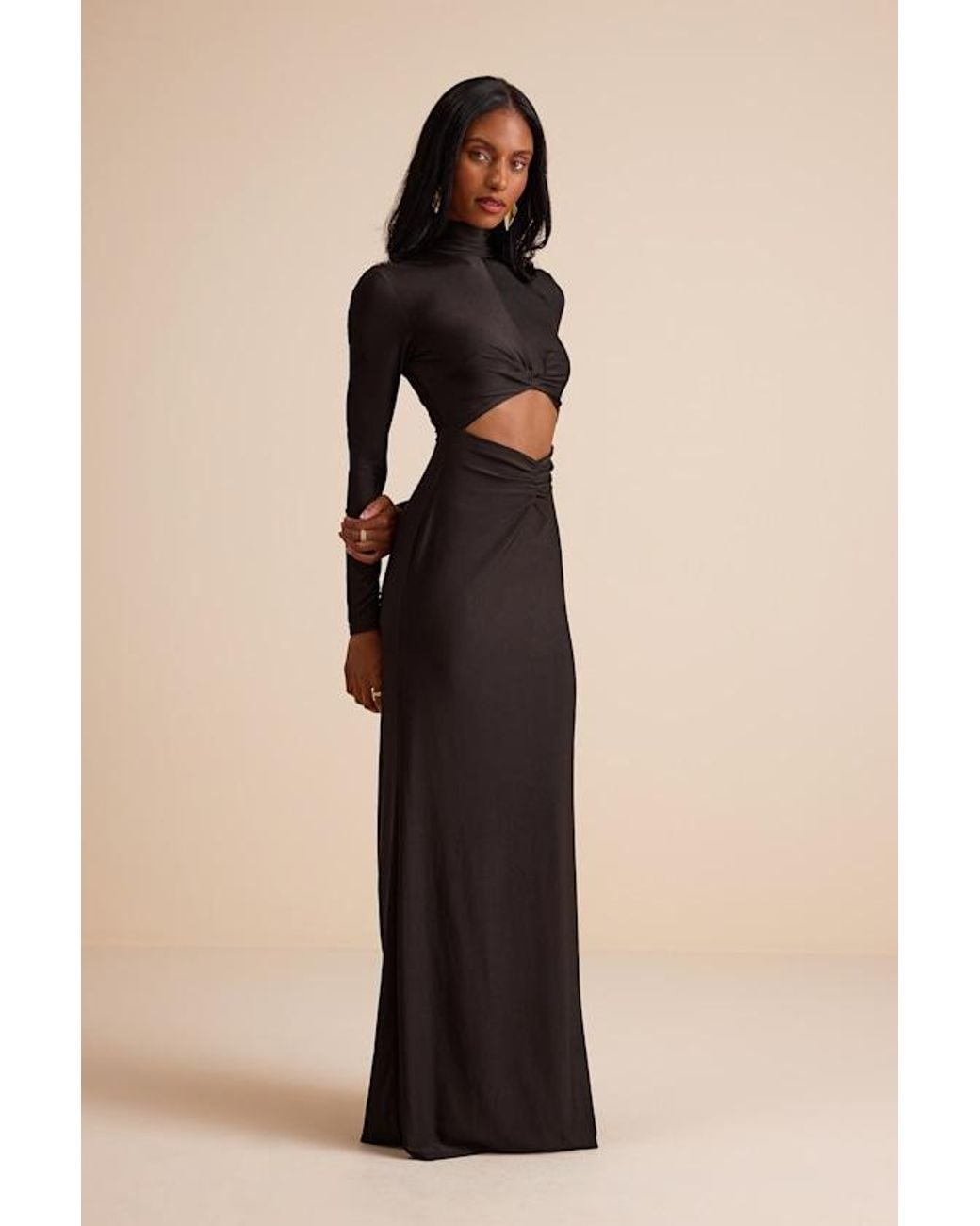 Lulus Dempsey Slinky Knit Cutout Mock Neck Maxi Dress in Black | Lyst