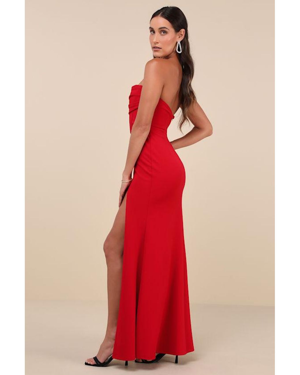 Lulus Spellbinding Allure Bustier Strapless Mermaid Maxi Dress in Red ...