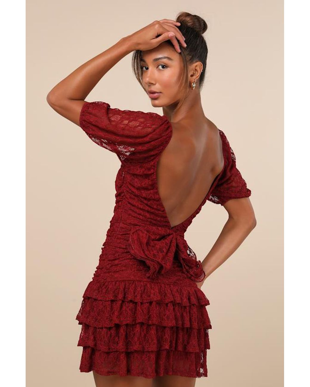 Lulus Darling Persuasion Lace Puff Sleeve Tiered Mini Dress | Lyst