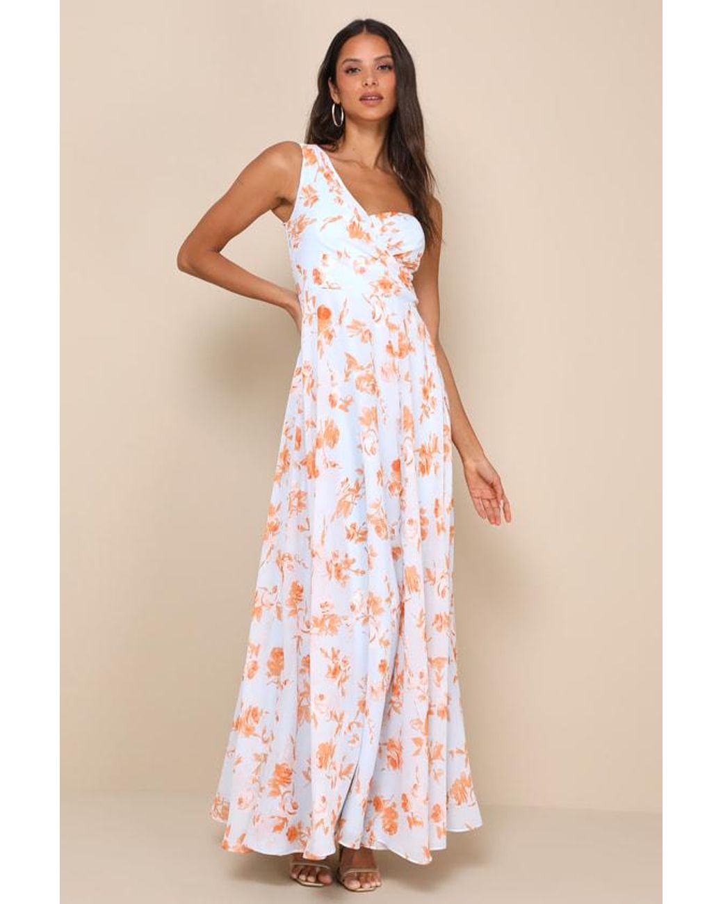 Lulus Fashionably Refined Floral One-Shoulder Maxi Dress in Natural | Lyst