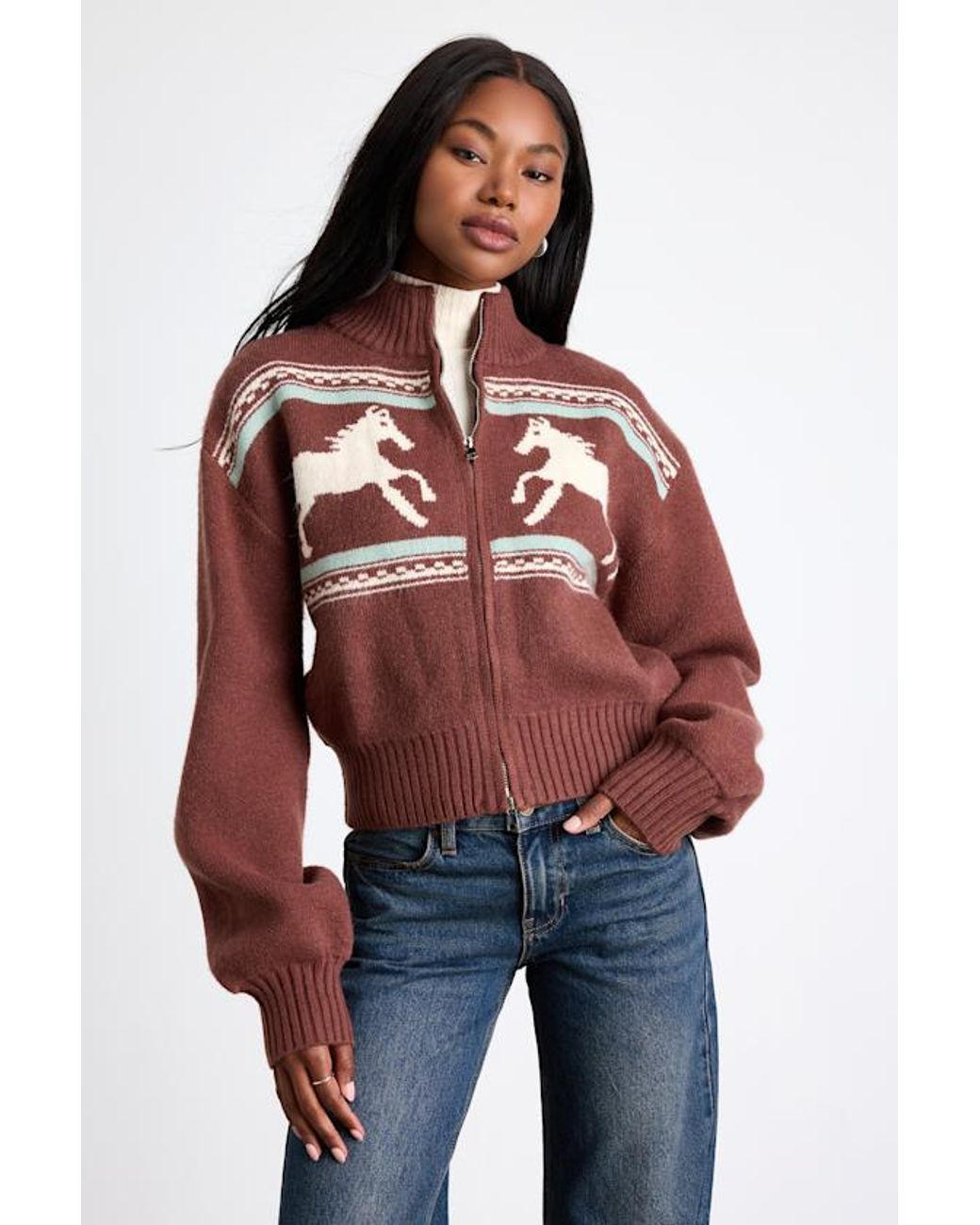 Lulus Duchess Horse Print Zip-Front Sweater in Red | Lyst UK