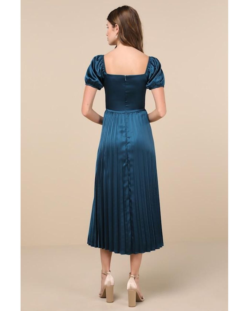 Lulus Flawless Forever Satin Pleated Midi Dress in Blue | Lyst