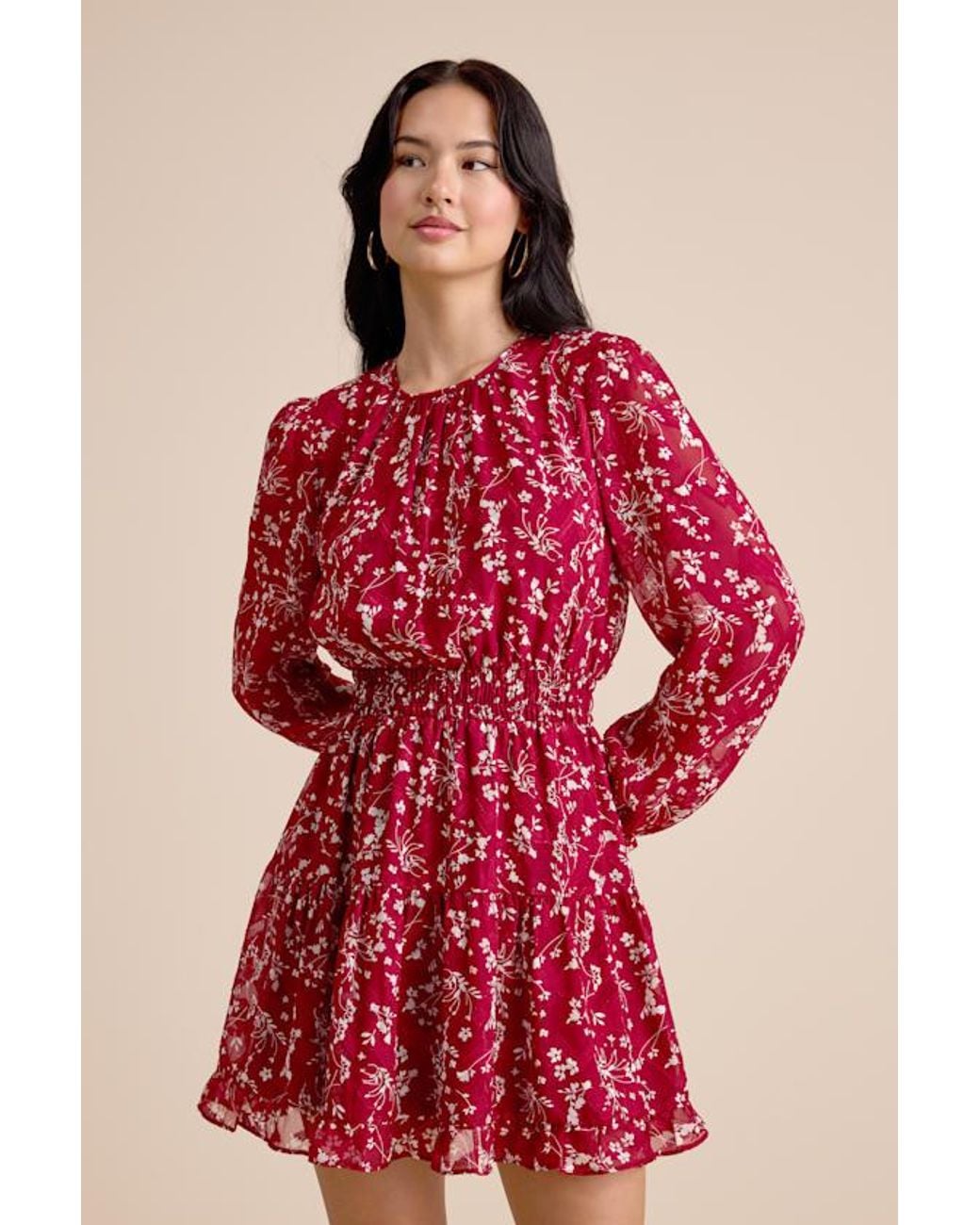 Lulus Too Cute Floral Smocked Long Sleeve Mini Dress in Red | Lyst UK