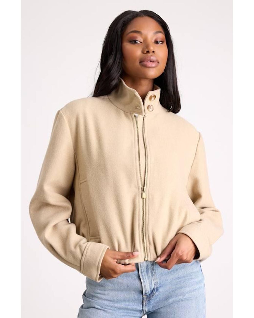 Lulus Jinora Light Zip-Front Bomber Jacket in Natural | Lyst UK