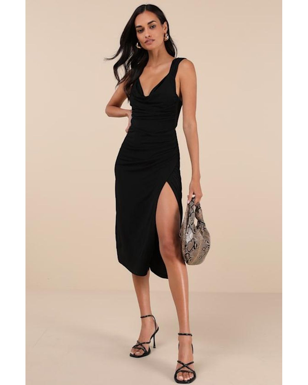 Lulus Flawless Effect Slinky Knit Cowl Tie-Back Midi Dress in Natural ...