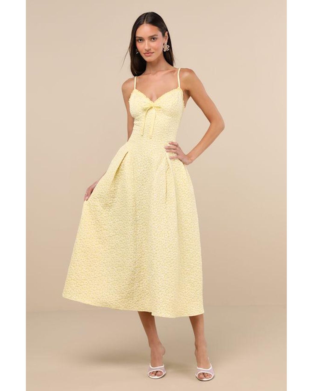 Lulus Ninetta Floral Jacquard Lace-Up Midi Dress in Natural | Lyst