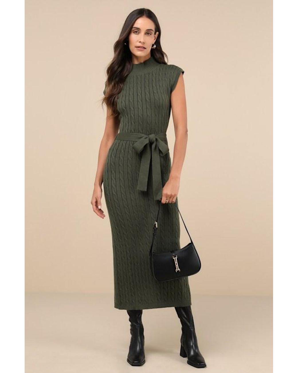 Lulus Seasonal Grace Cable Knit Mock Neck Midi Dress in Natural | Lyst