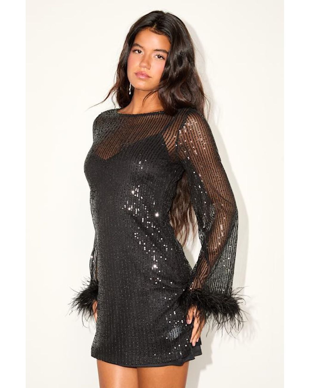 Lulus Marvelous Energy Sequin Mesh Long Sleeve Mini Dress in Black | Lyst