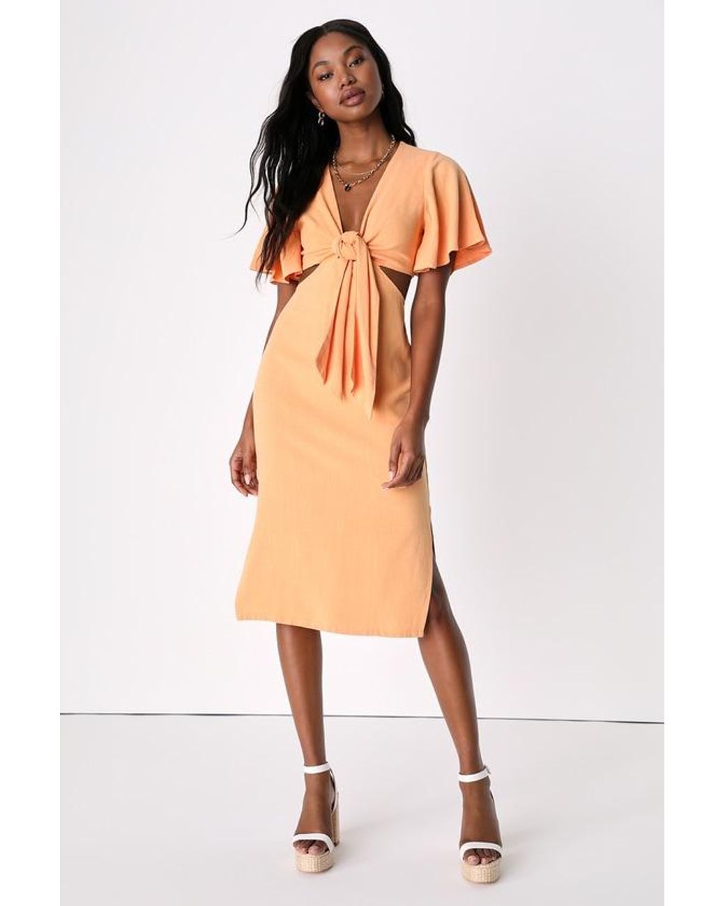 Lulus Summer Journey Light Tie-Front Cutout Midi Dress in Orange | Lyst