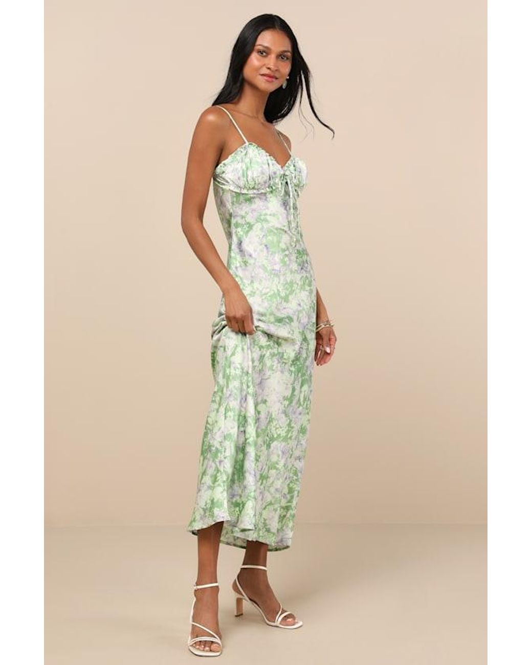 JACQUIE THE LABEL Valentina Multi Abstract Satin Ruffled Maxi Dress in ...