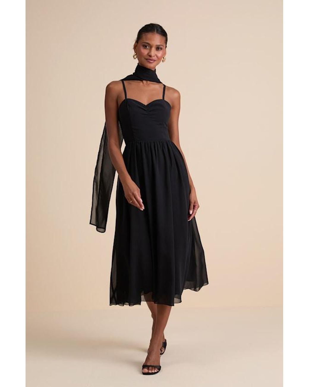 Lulus Irresistibly Darling Chiffon Midi Dress And Scarf Set in Black | Lyst