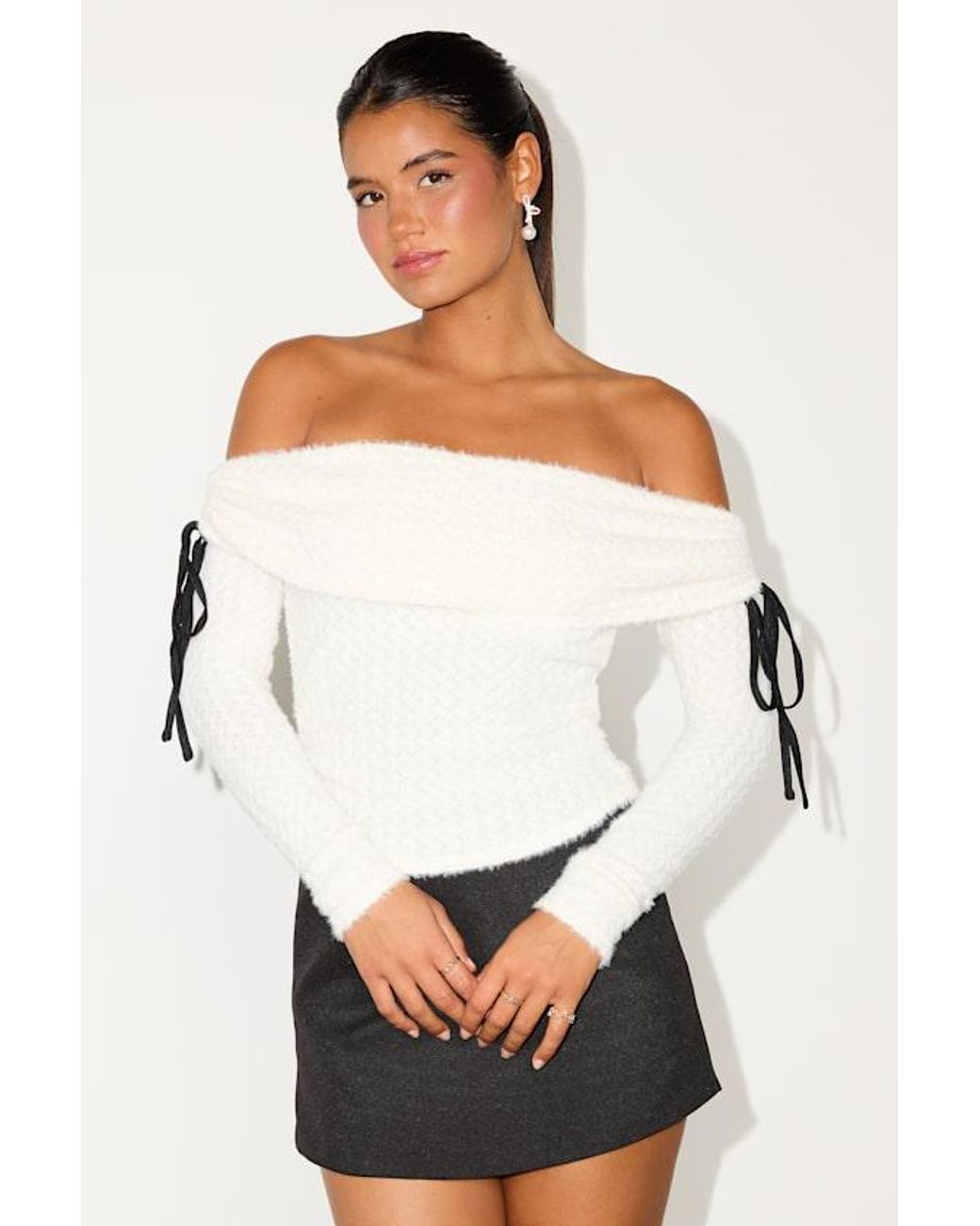 Lulus Bellaria Textured Off-The-Shoulder Bow Sweater Top in White | Lyst