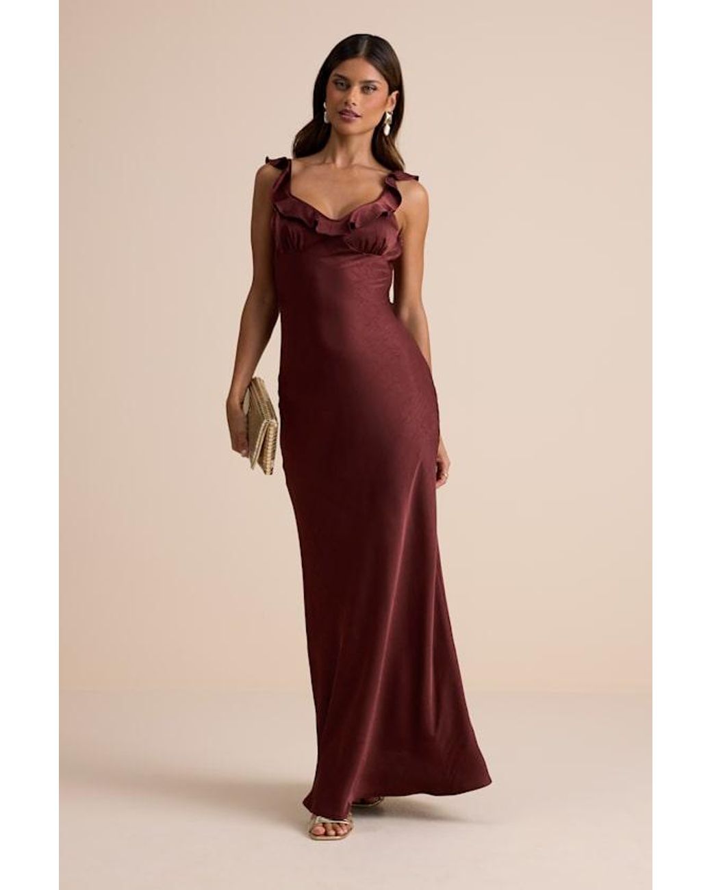 Lulus Angela Satin Ruffed Slip Maxi Dress in Brown | Lyst UK