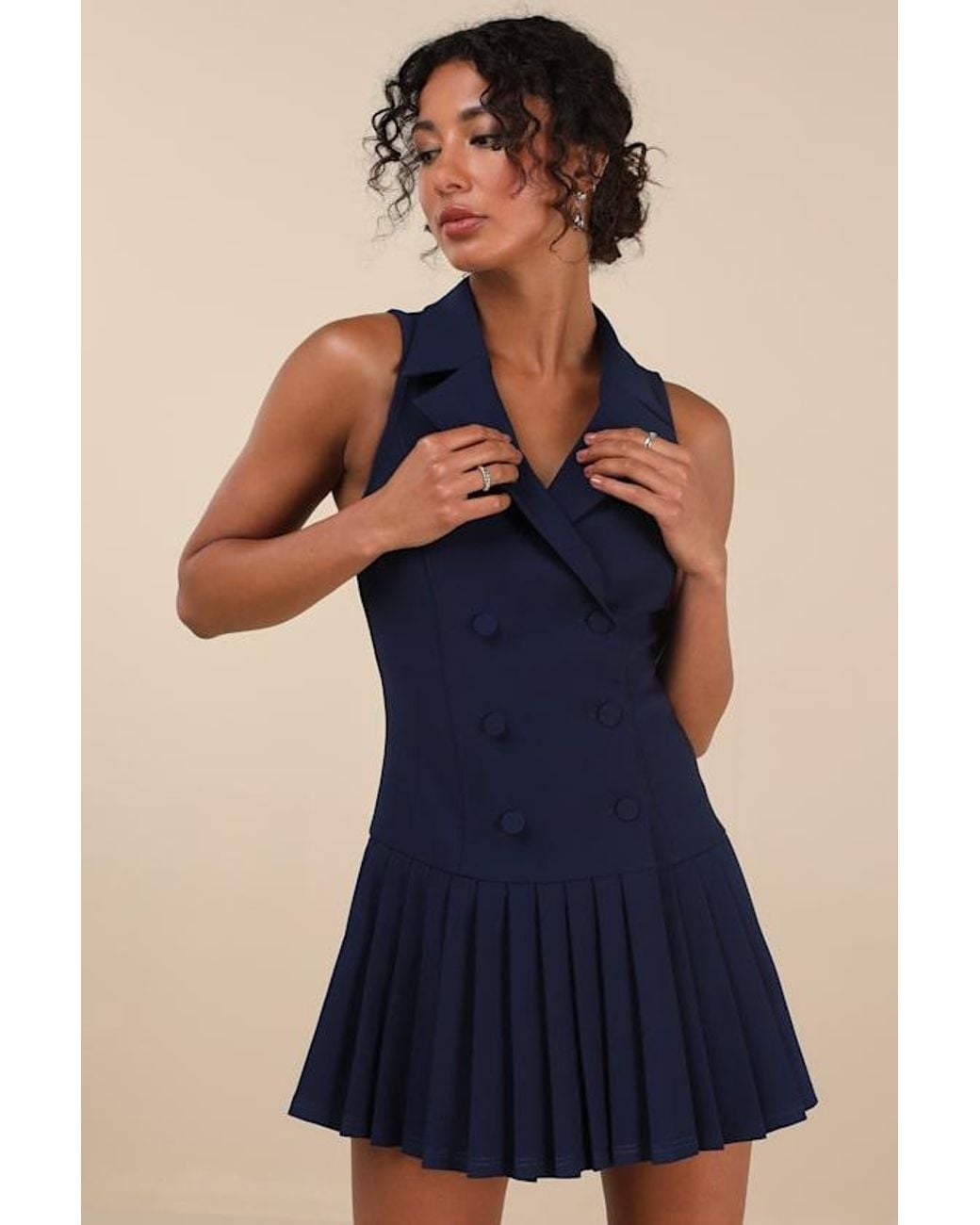 Lulus Posh Vision Sleeveless Blazer Pleated Mini Dress in Blue | Lyst