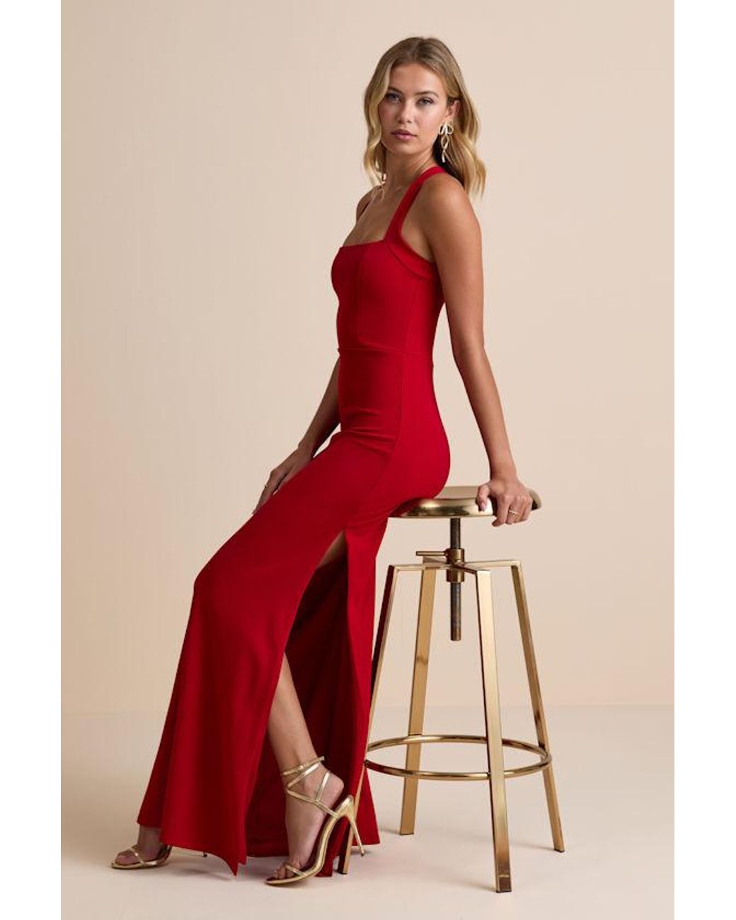 Lulus Perfectly Demure Backless Column Maxi Dress in Red | Lyst