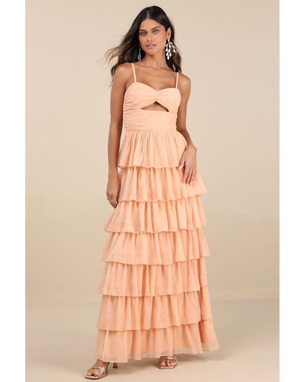 Lulus Arata Cutout Tiered Maxi Dress in Natural | Lyst