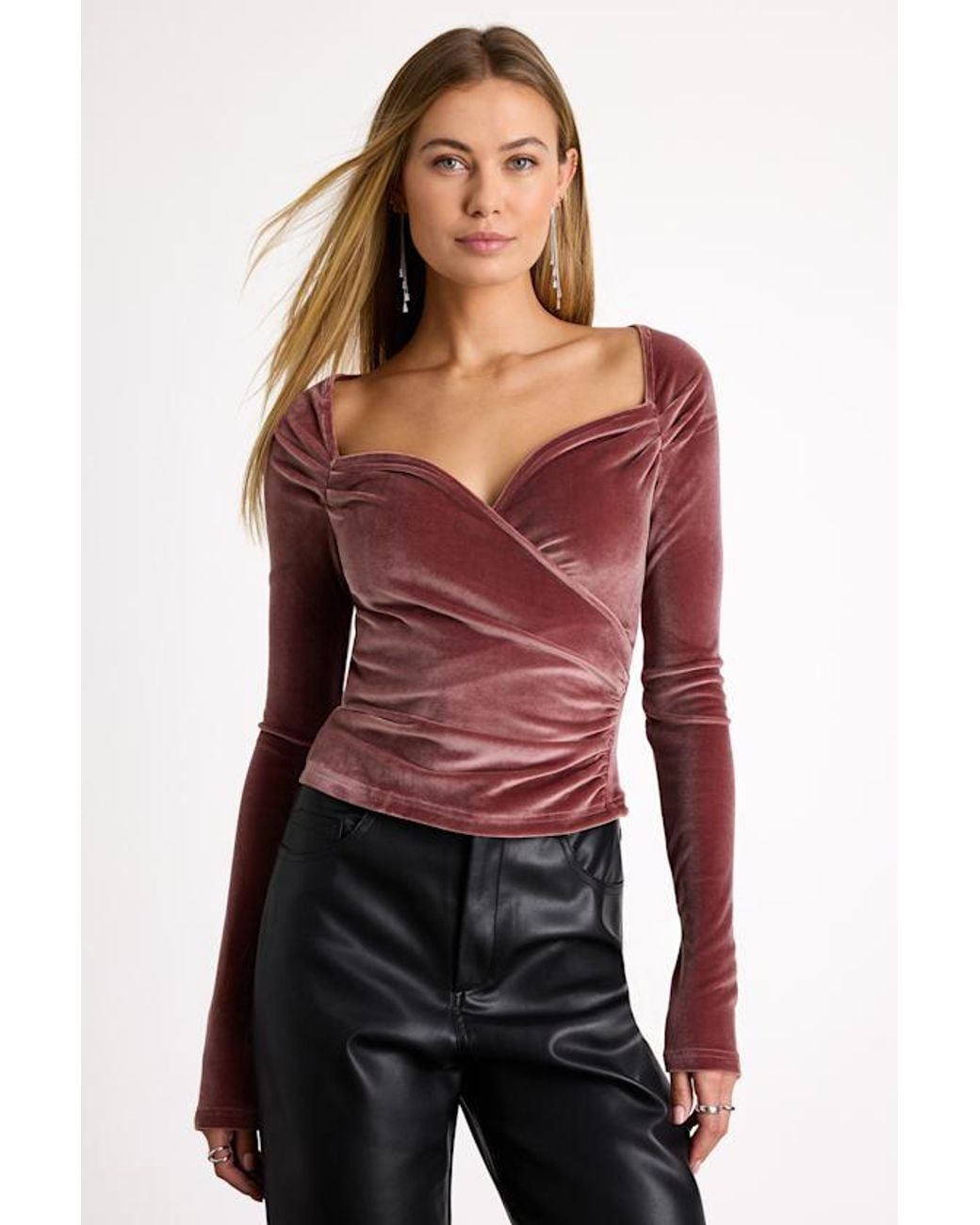 Lulus Tati Dark Velvet Surplice Long Sleeve Top in Red | Lyst UK