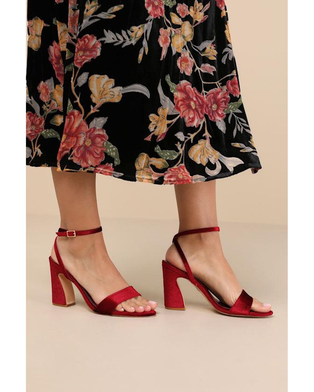 Lulus Lucinna Wine Velvet Ankle Strap High Heel Sandals in Red | Lyst