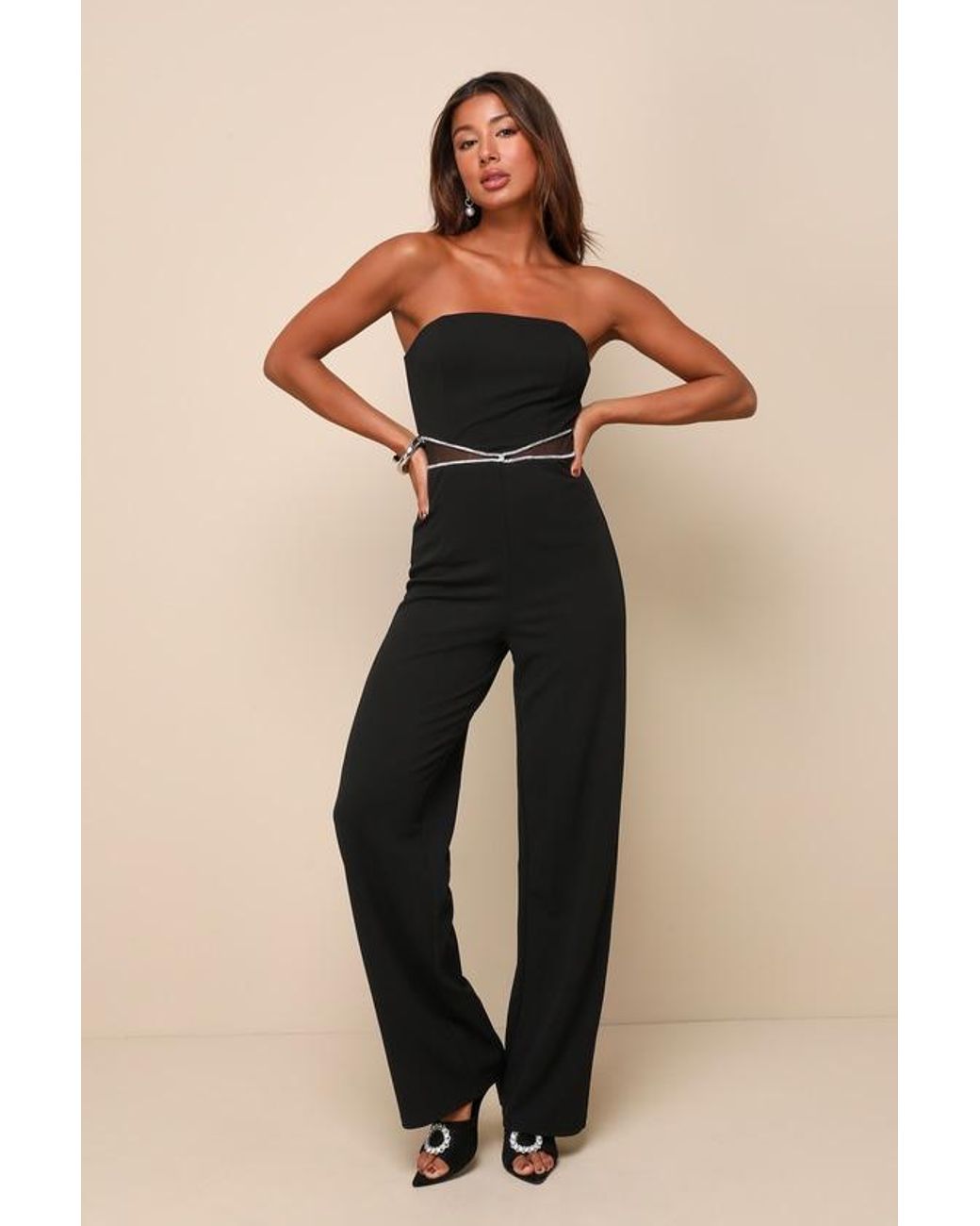 Lulus Praiseworthy Sparkle Rhinestone Mesh Strapless Jumpsuit in ...