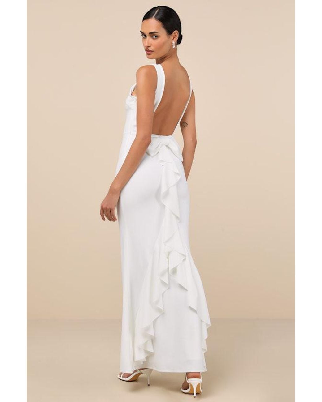Lulus Exquisite Refinement Backless Bow Ruffled Maxi Dress in Natural ...