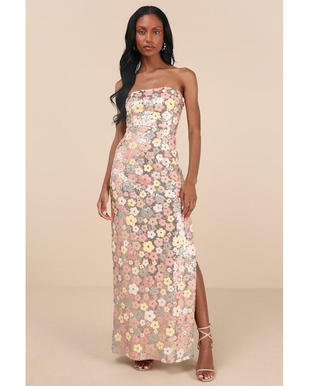 Lulus Pazzi Floral Sequin Strapless Column Maxi Dress in Natural | Lyst