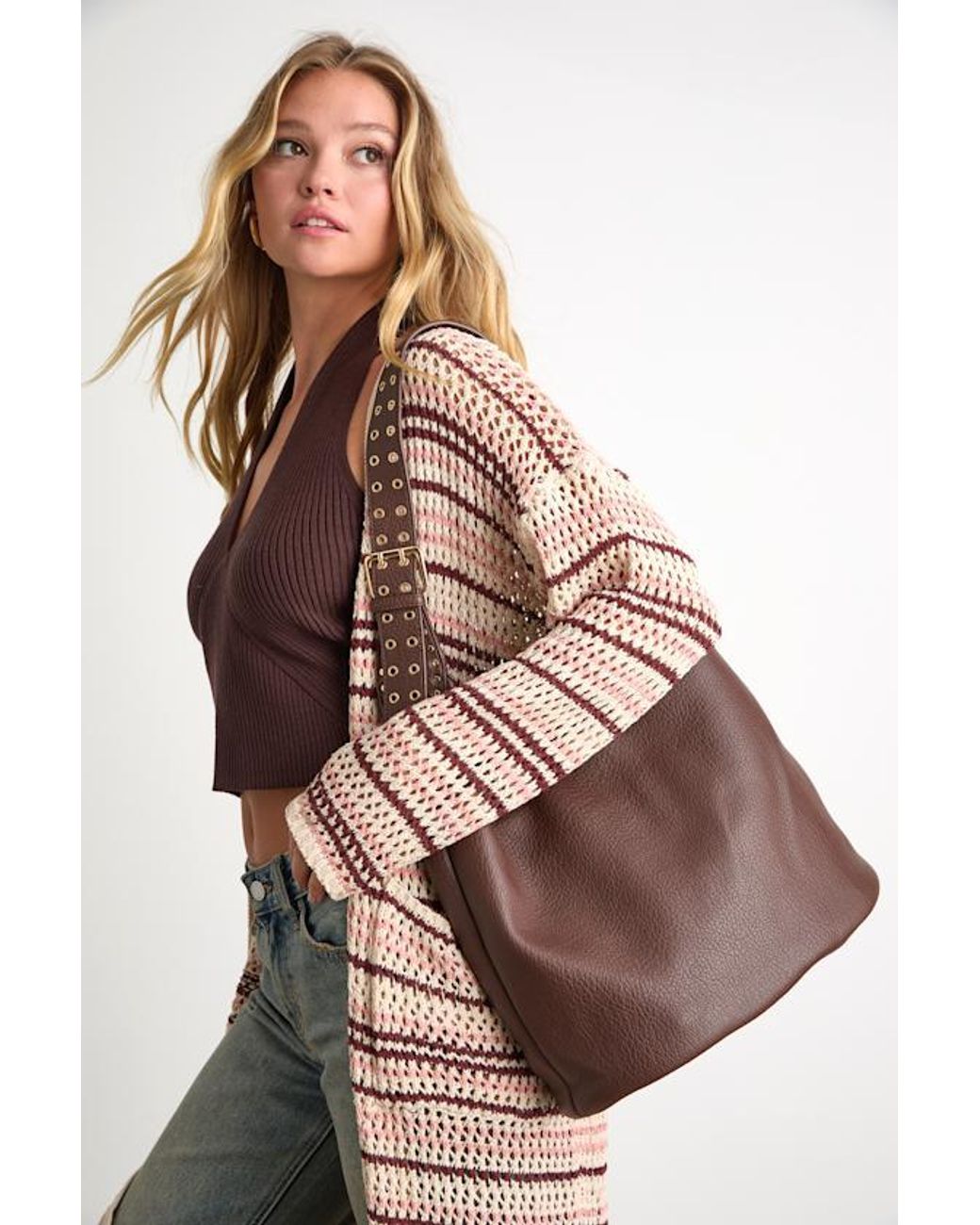 Moda Luxe Ezell Dark Vegan Leather Studded Tote Bag in Brown | Lyst UK
