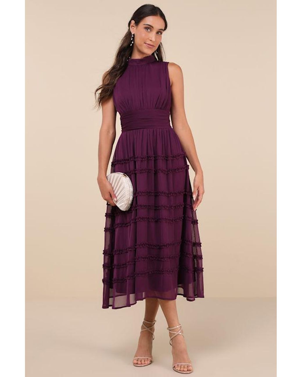 Lulus Happily Sweet Mock Neck Backless Midi Dress in Purple | Lyst