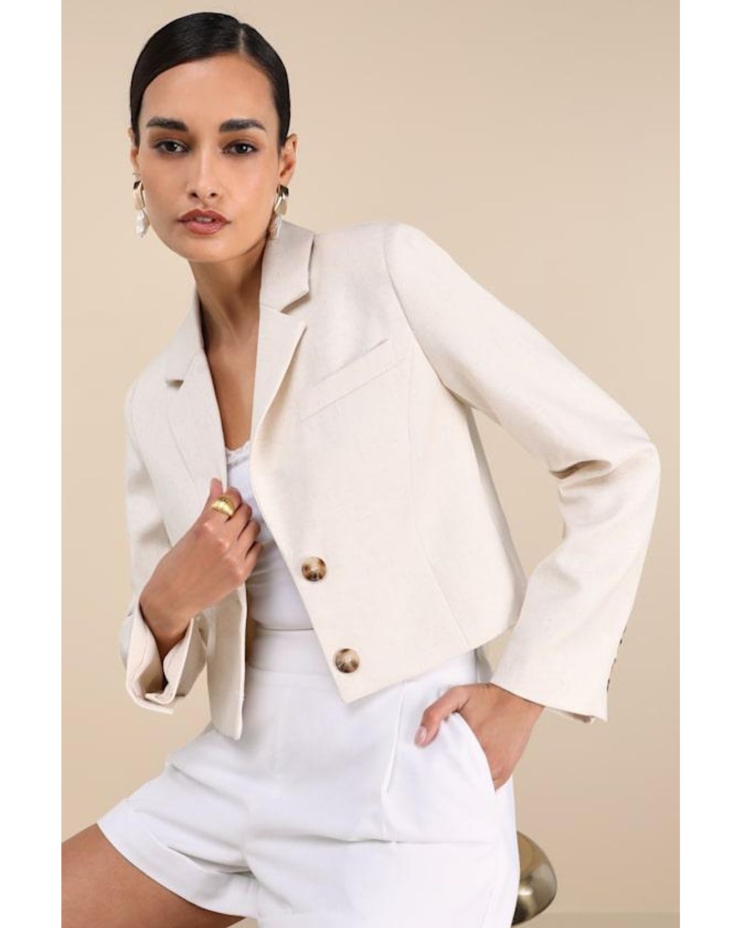 Lulus Ionela Cream Cropped Blazer in Natural | Lyst