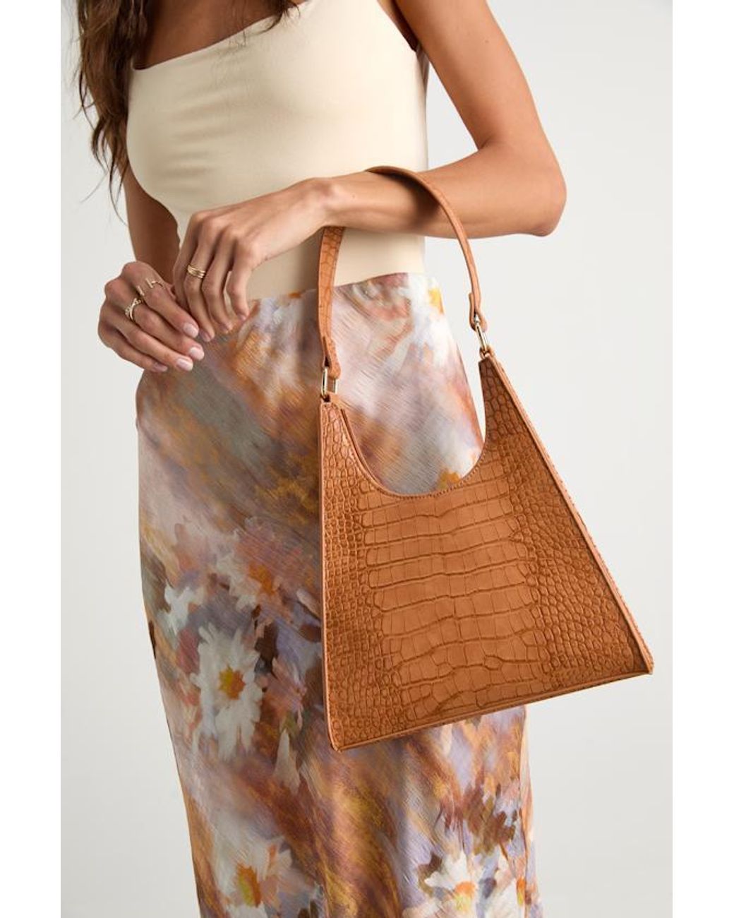 Lulus Renata Croc-Embossed Shoulder Bag in Natural | Lyst