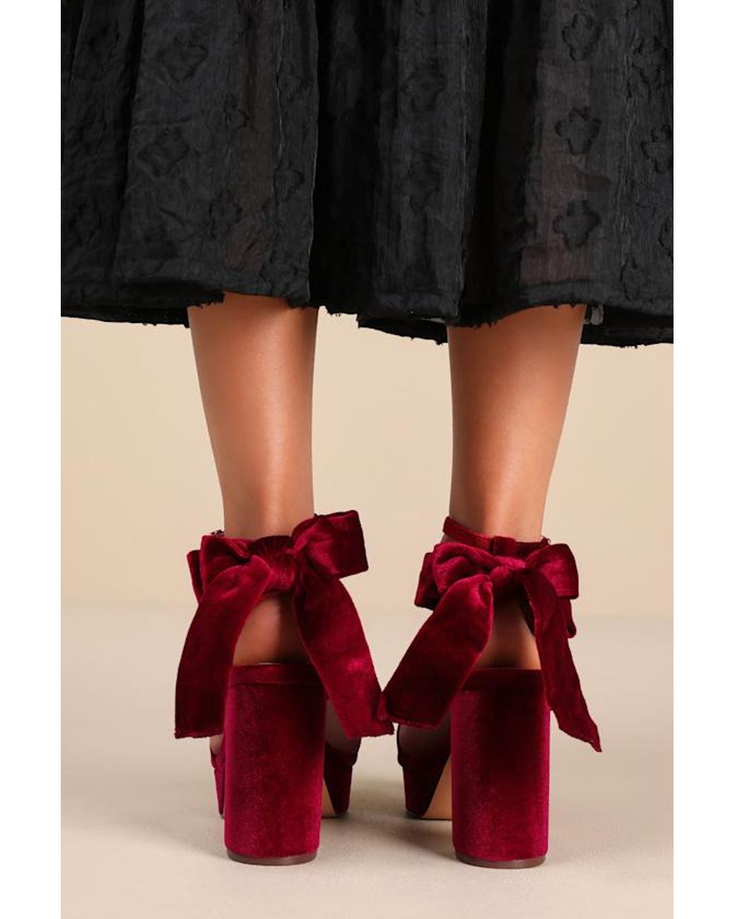 Lulus Sassyy Wine Velvet Bow Platform Ankle Strap Sandals in Red | Lyst
