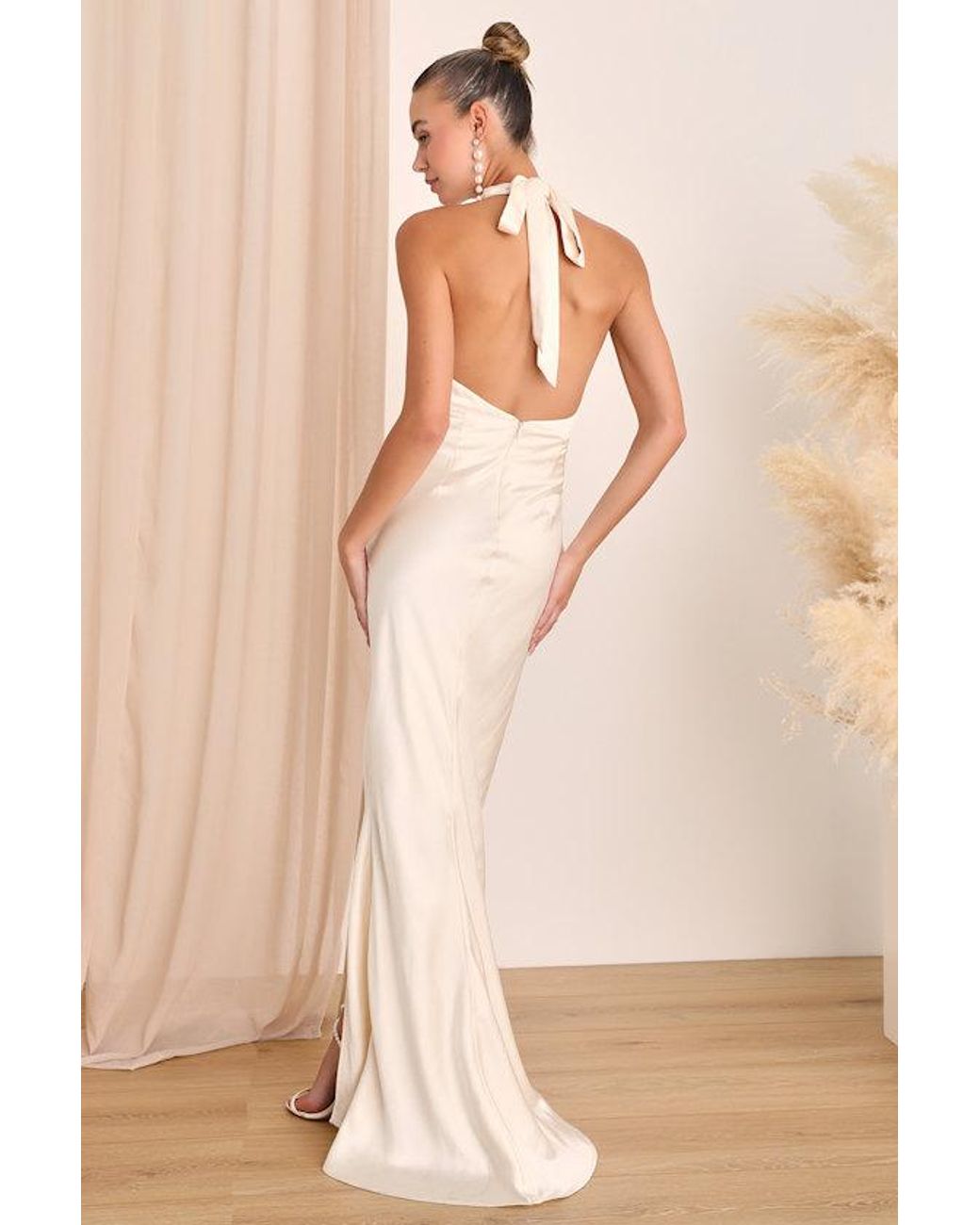 Lulus Start Of Forever Satin Halter Mermaid Maxi Dress in Natural | Lyst