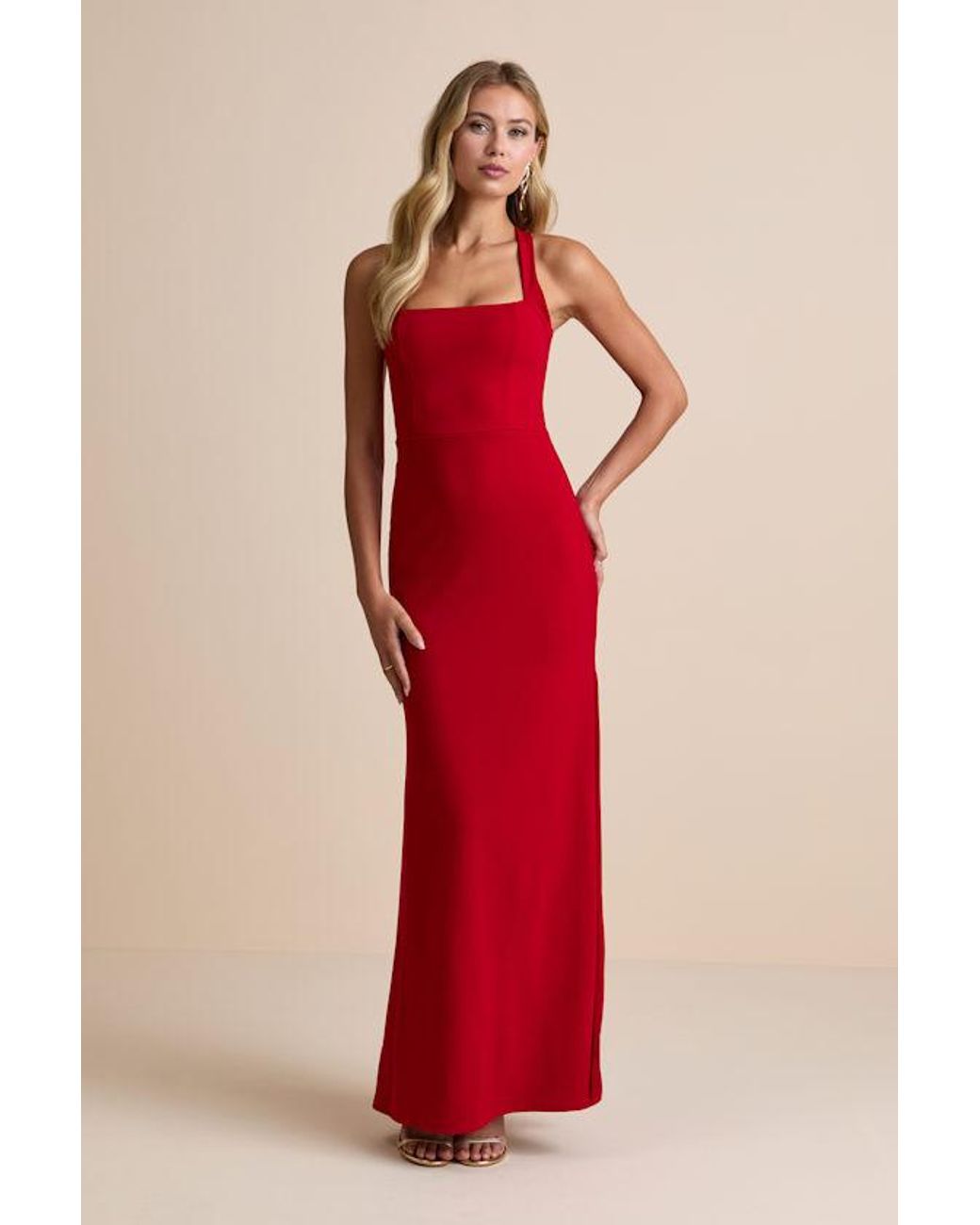 Lulus Perfectly Demure Backless Column Maxi Dress in Red | Lyst