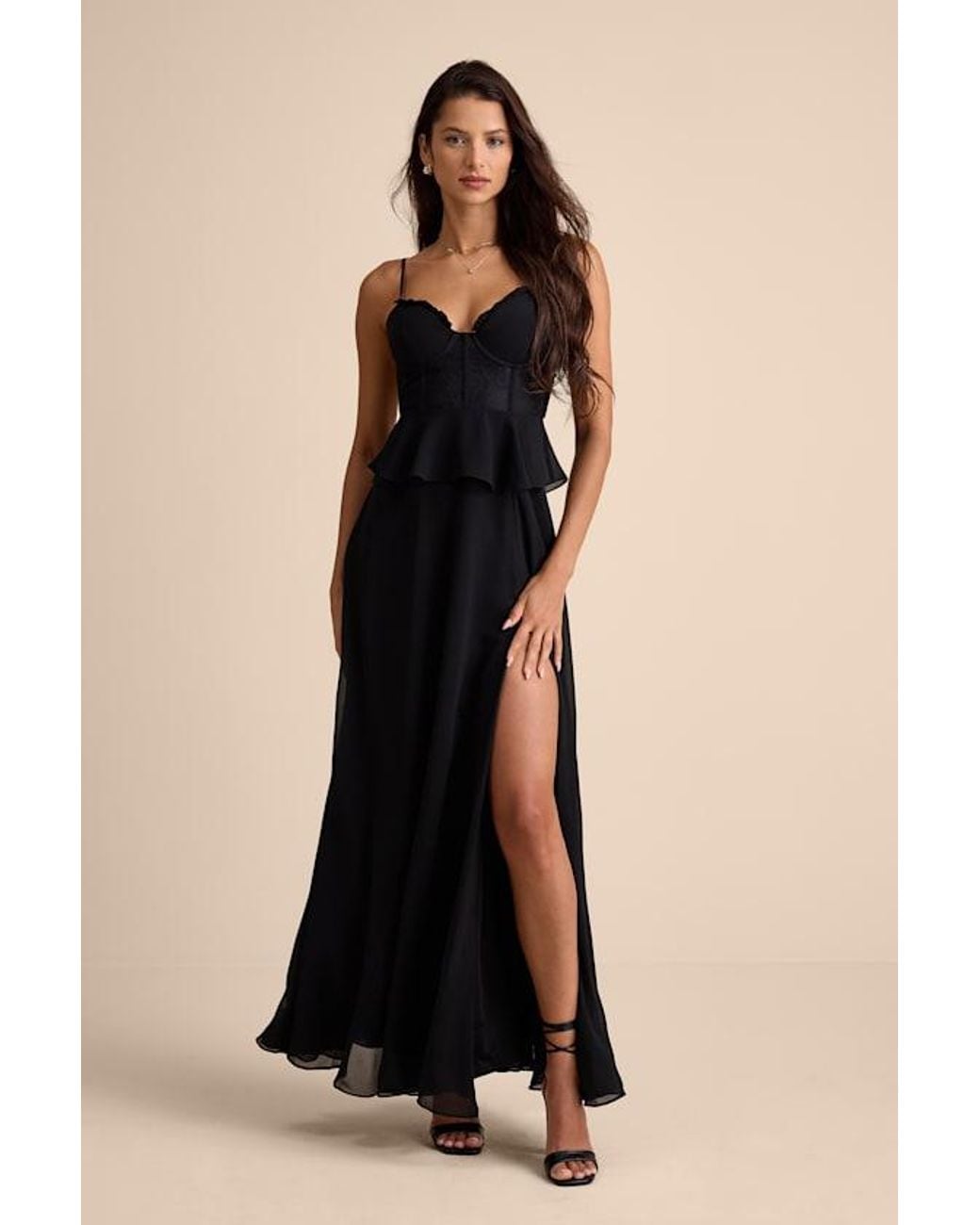 Lulus Elegant Silhouette Lace Bustier Peplum Maxi Dress in Black | Lyst