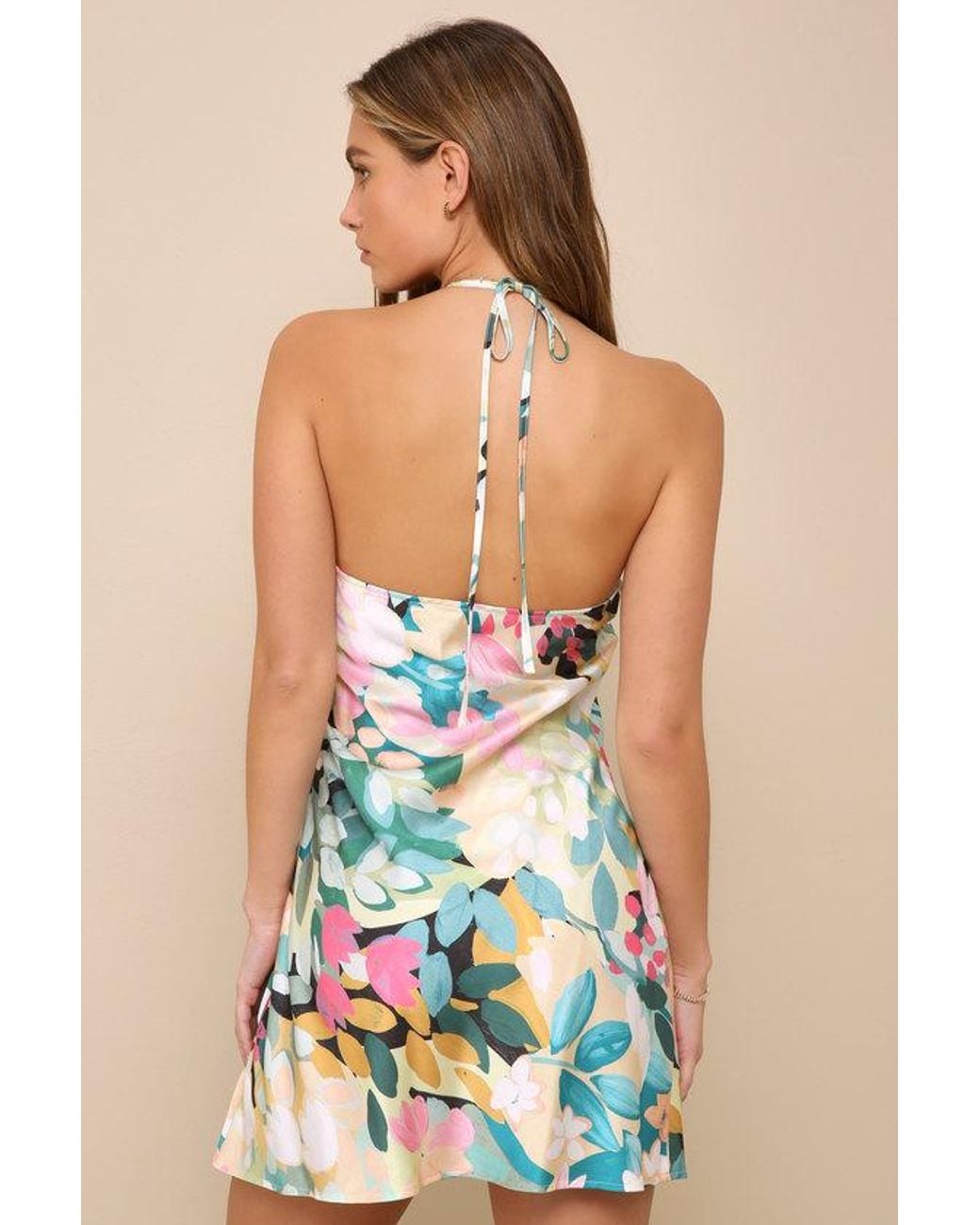 Lulus Elevated Effect Multi Floral Satin Halter Slip Mini Dress in Blue ...