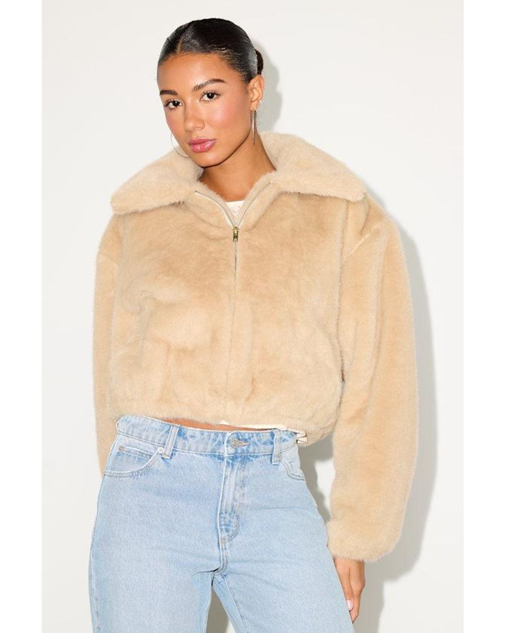 Lulus Eliah Faux Fur Collared Zip-Front Jacket in Blue | Lyst