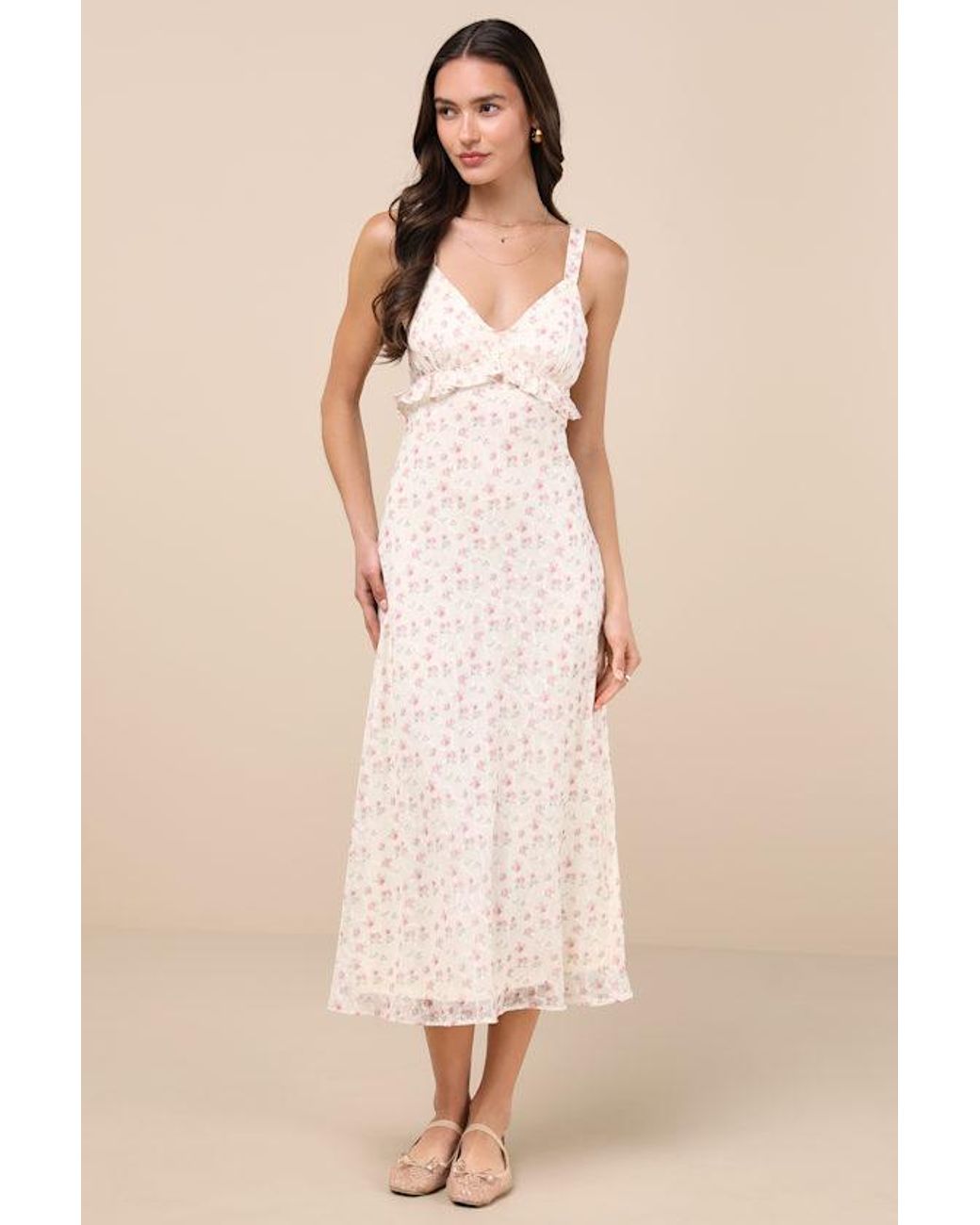 Lulus Valonia Cream Floral Ruffled Empire Waist Midi Dress in Natural ...