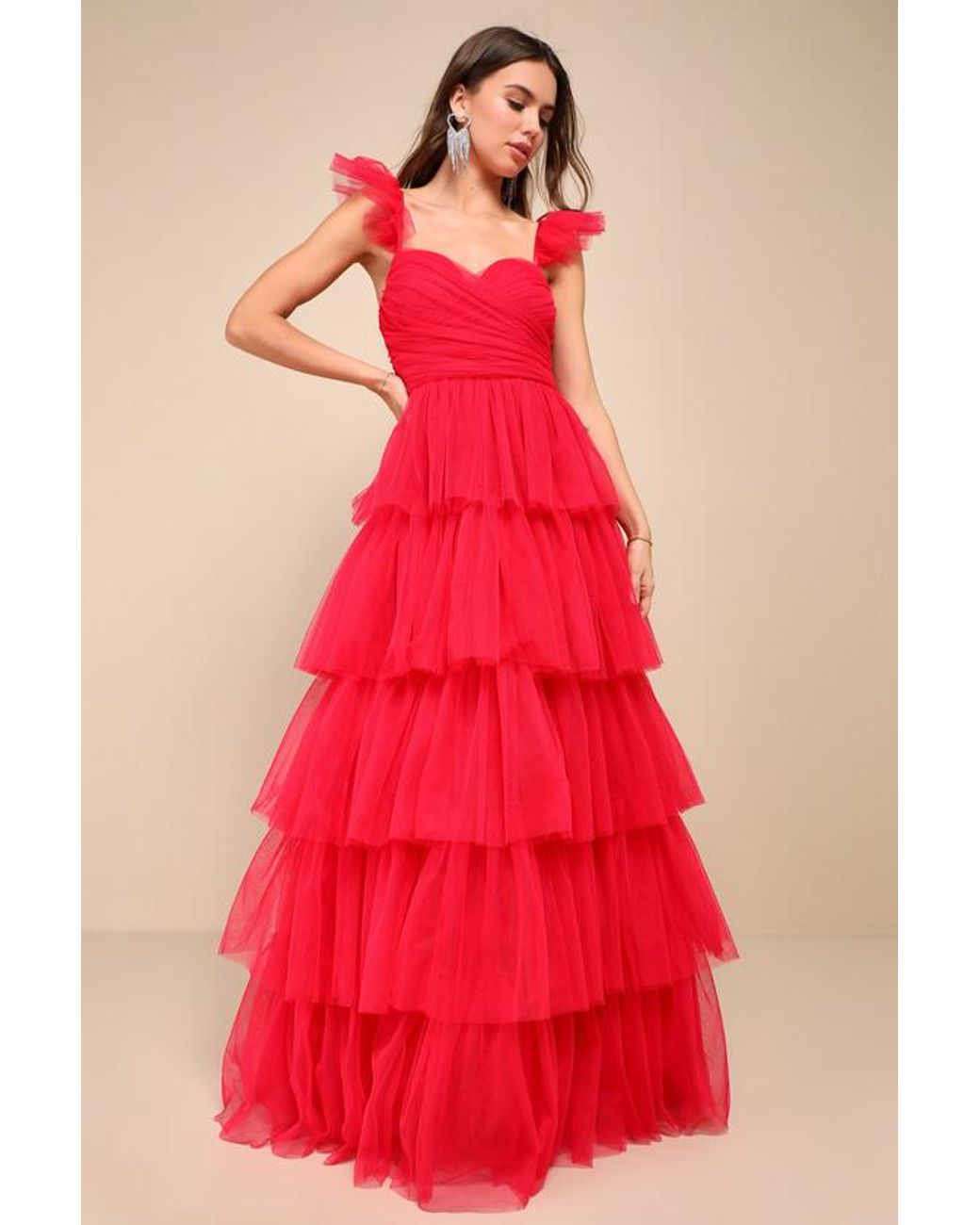 Lulus Fabulous Poise Bright Tulle Ruffled Tiered Maxi Dress | Lyst