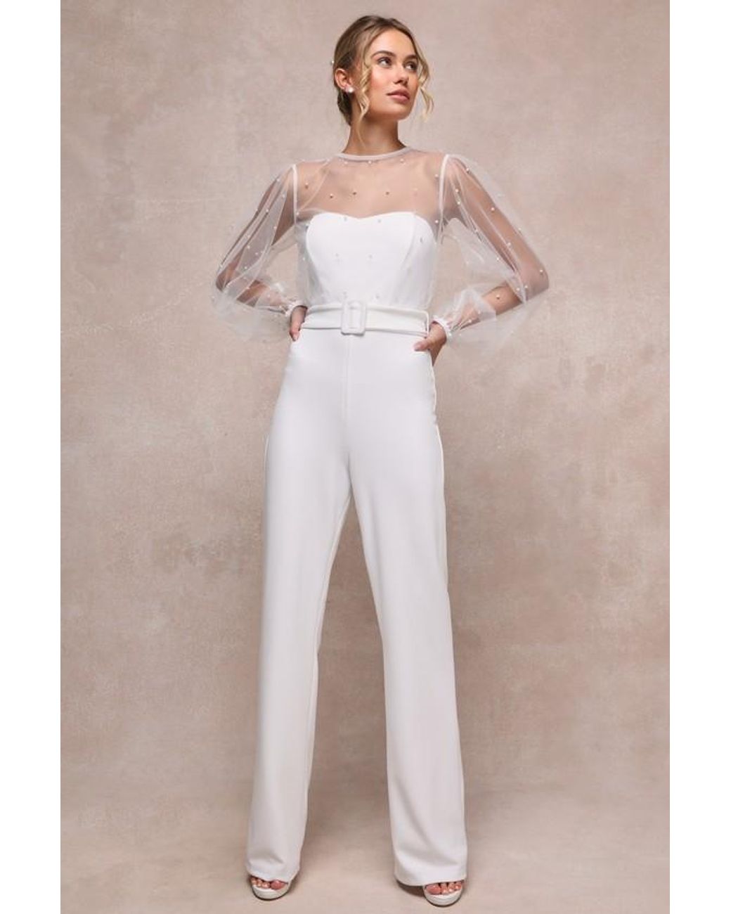 Lulus Lavish Darling Mesh Pearl Belted Wide-Leg Jumpsuit in Natural | Lyst