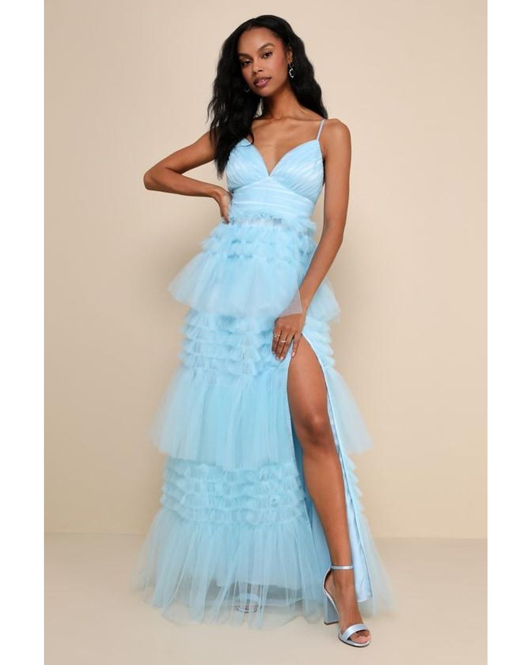 Lulus Gorgeous Statement Tulle Tiered Ruffled Maxi Dress in Blue | Lyst