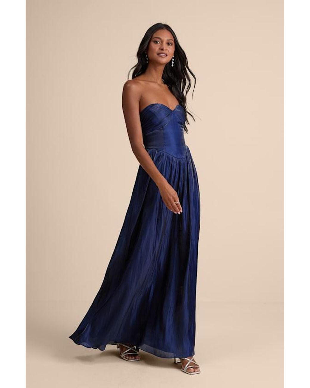 Lulus Kylin Satin Basque Waist Maxi Dress in Blue | Lyst